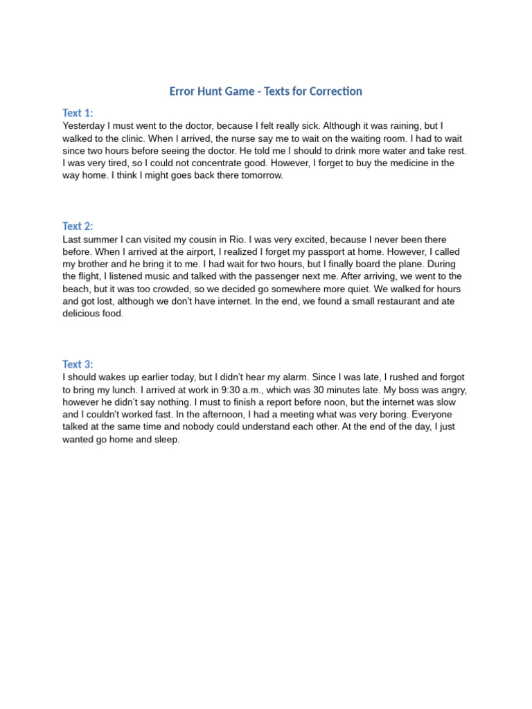 Error Hunt Game Texts For Correction | PDF