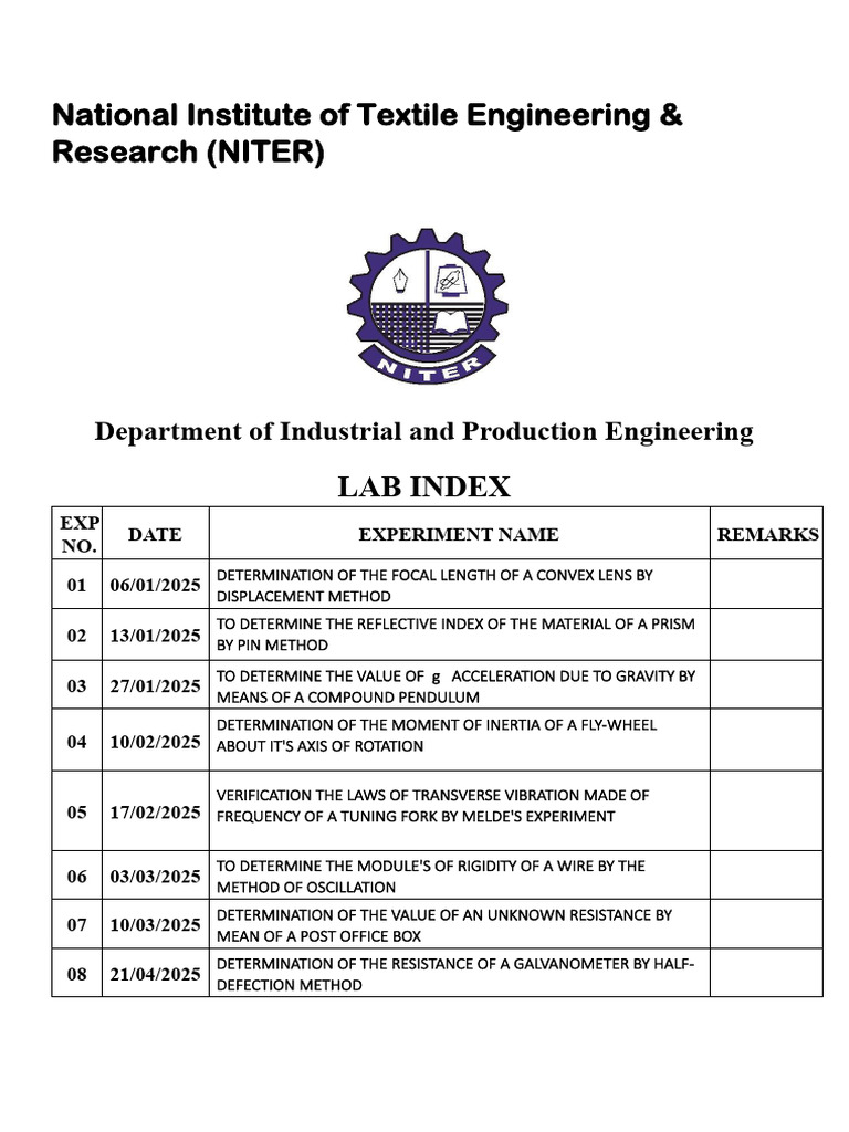 PHY Sessional Index (Exp 01 07) 1 | PDF