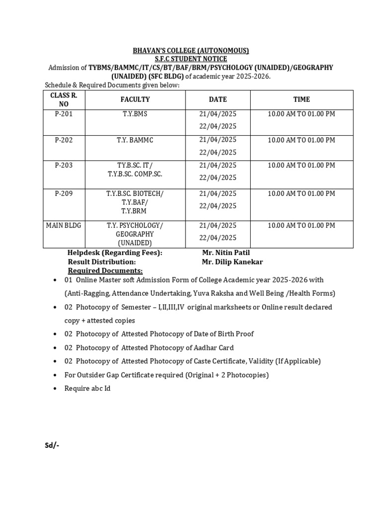 Admission of TYBMS, BAMMC, IT, CS, BT, BAF, BRM, PSYCHOLOGY (UNAIDED ...