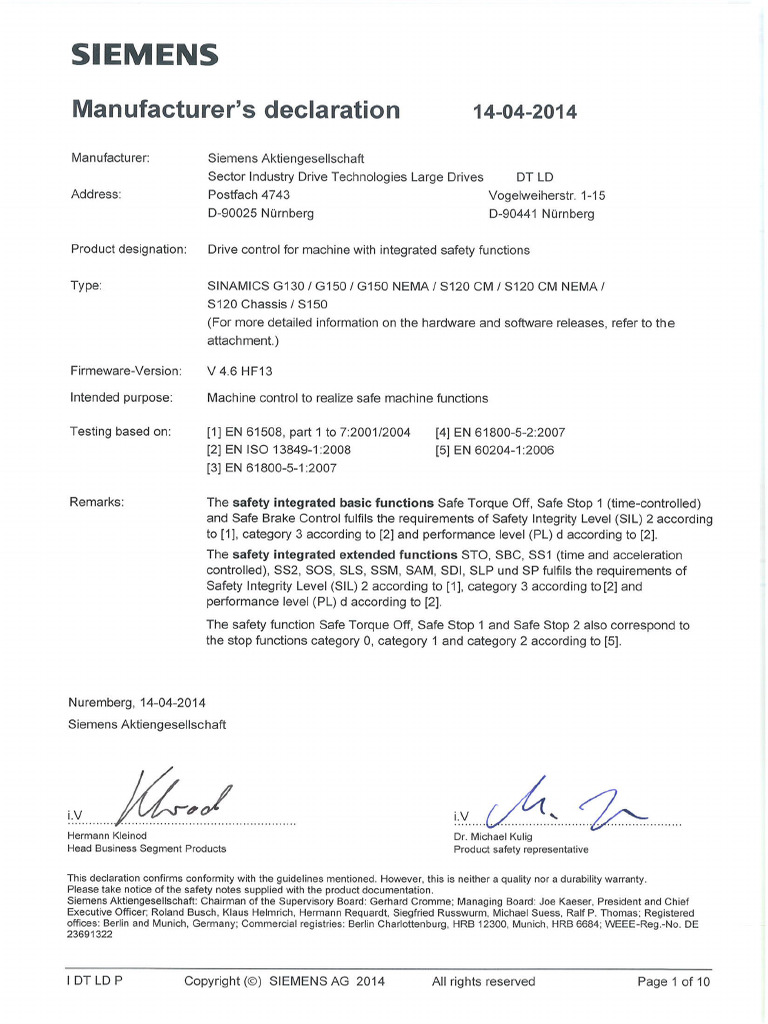Sinamics g150 Jun Safety Decl | PDF