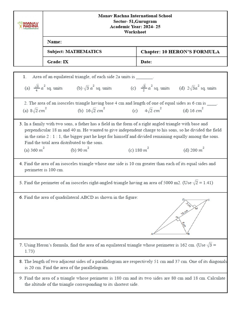 Grade 9 Heron's Formula Worksheet | PDF | Area | Triangle