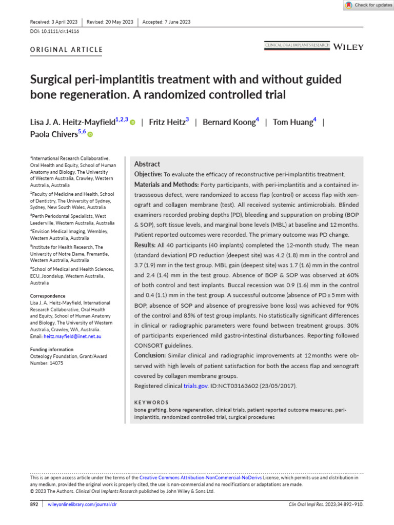 Clinical Oral Implants Res - 2023 - Heitz Mayfield - Surgical Peri Implantitis Treatment With ...