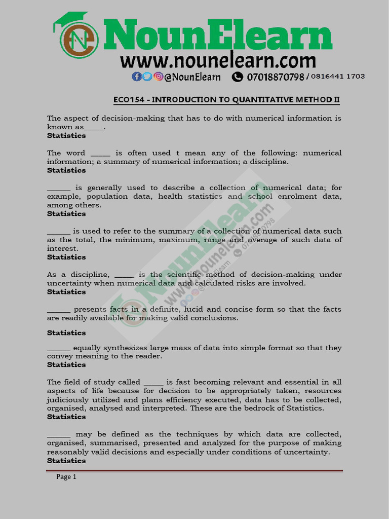 Eco154 Introduction To Quantitative Method II Summary | PDF | Mean ...