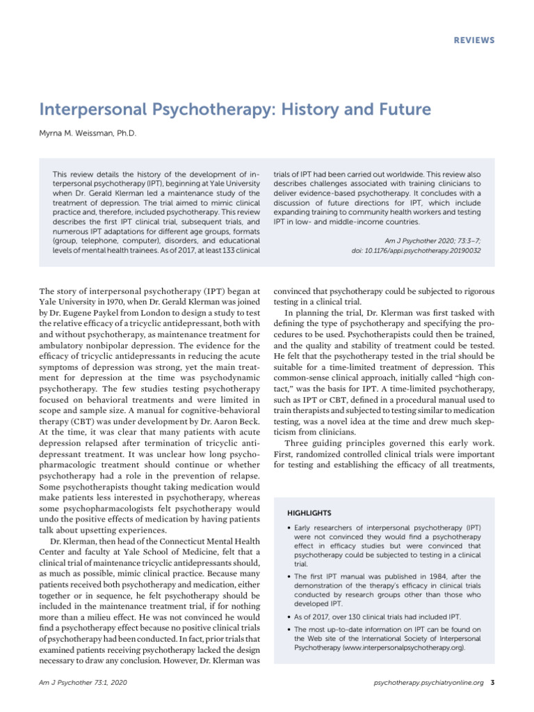 Interpersonal Psychotherapy: History & Future | PDF | Psychotherapy ...