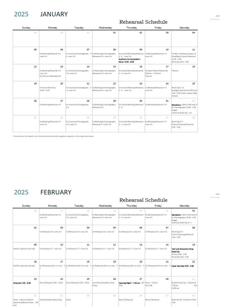 2025 Rehearsal Schedule Overview | PDF | Land Of Oz | Princess Ozma