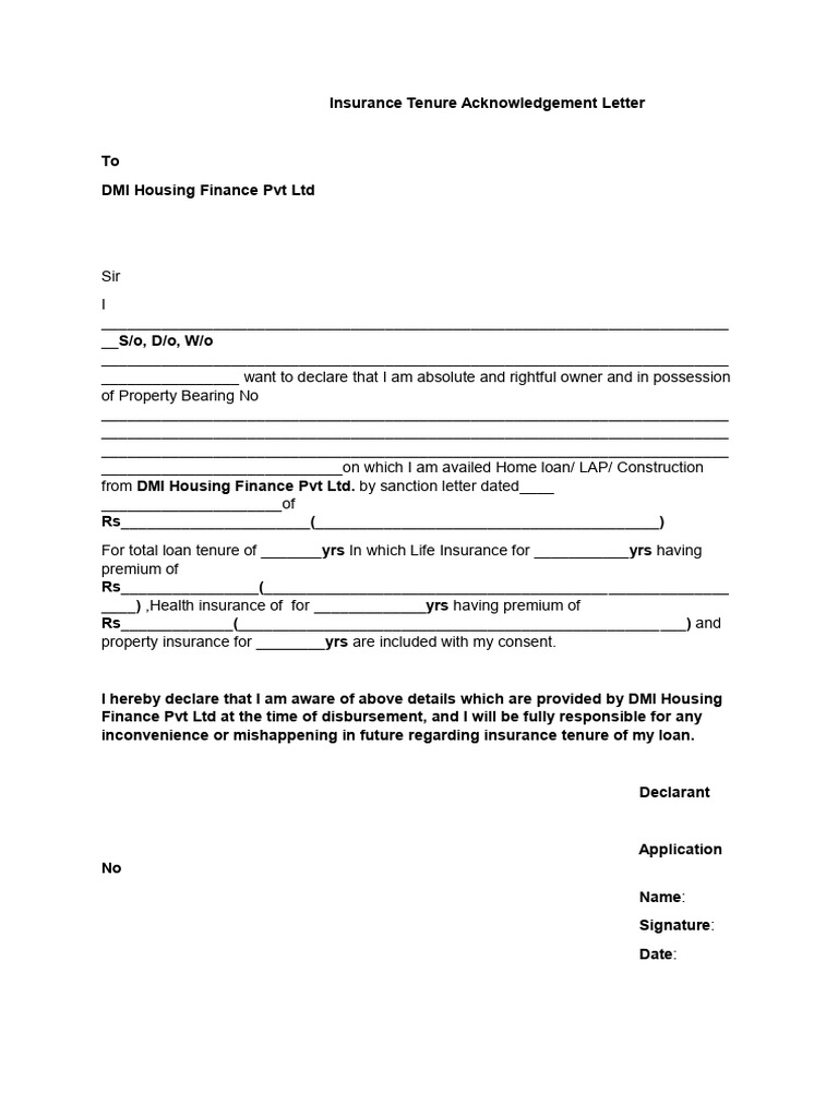 Insurance Tenure Acknowledgement Letter | PDF