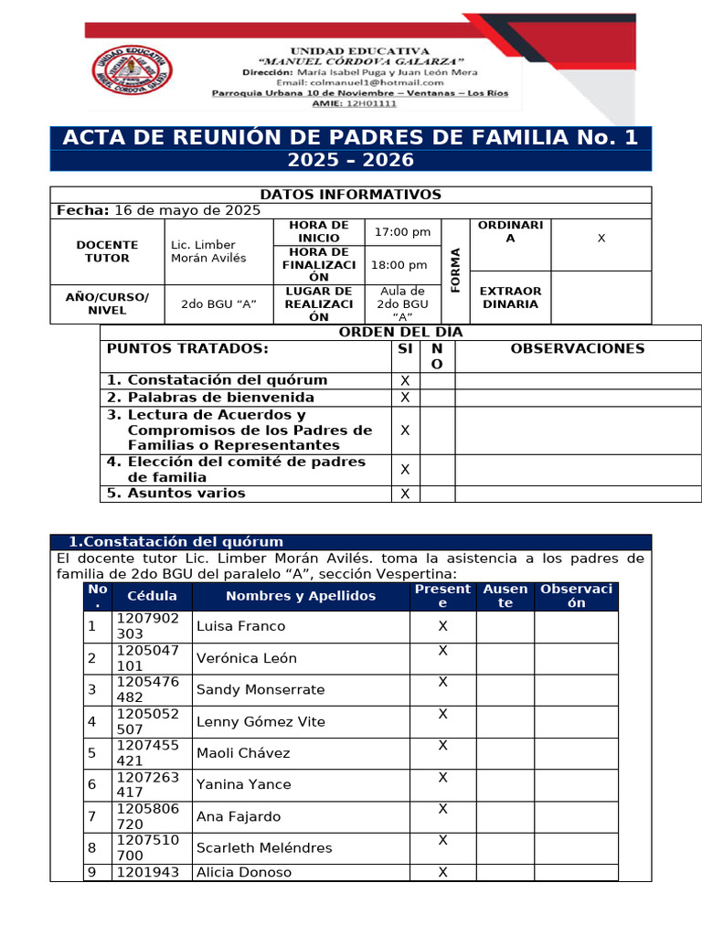 1ra Acta de Reunión de Padres de Familia 2025-2026 2do A | PDF