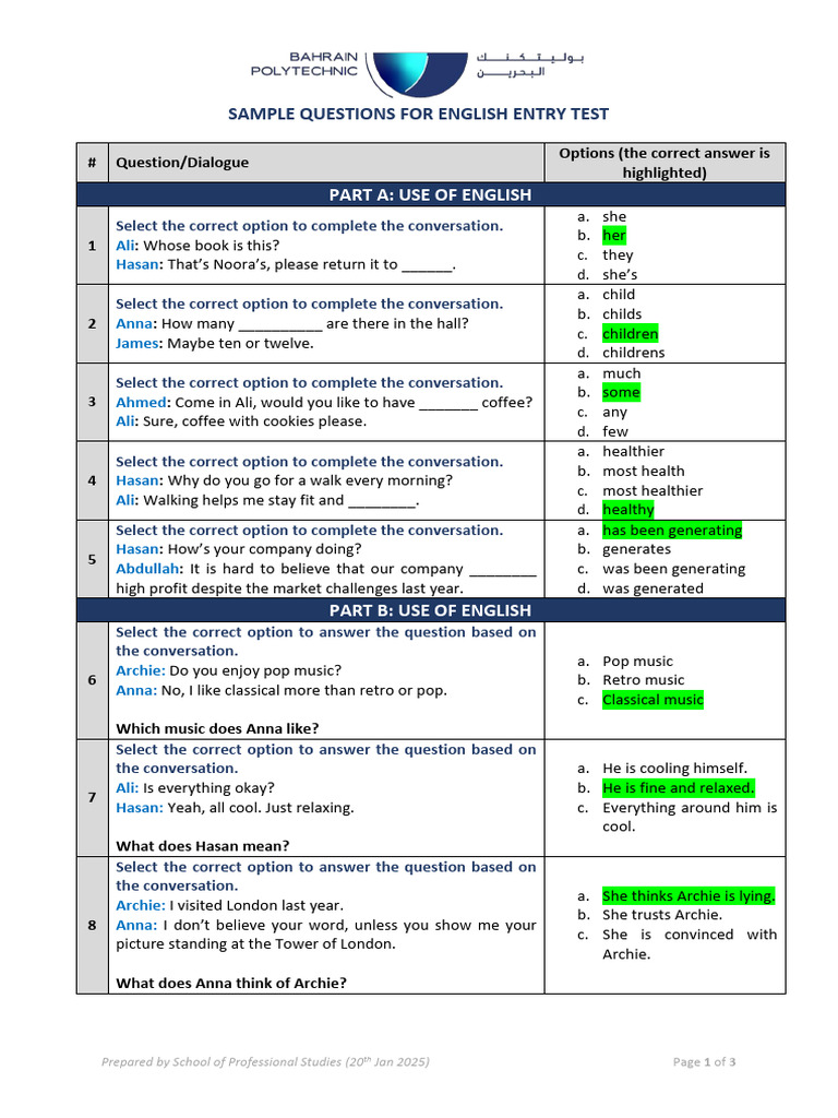 Entry Test Sample Questions - Jan2025 | PDF
