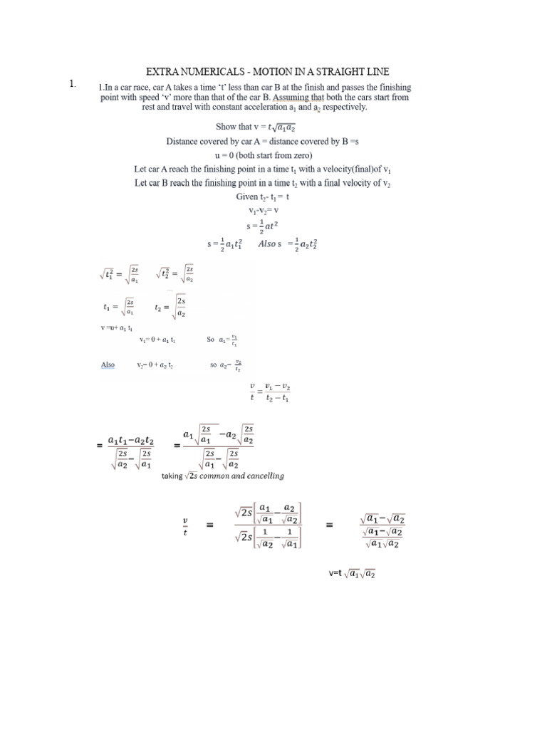 Extra Numericals Straight Line Motion | PDF