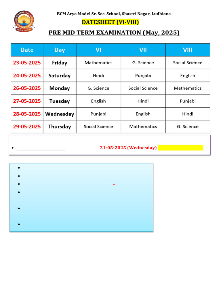 BCM School Pre Mid Term Exam Datesheet | PDF