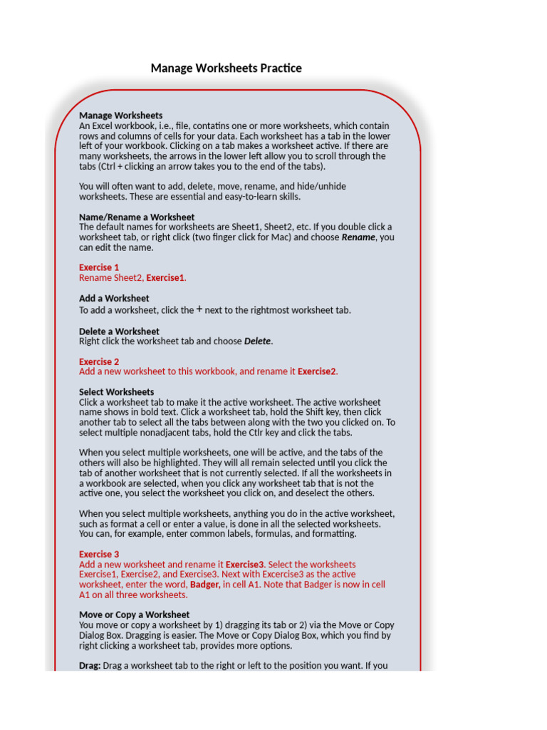 Manage Worksheets Practice | PDF | Worksheet | Microsoft Excel