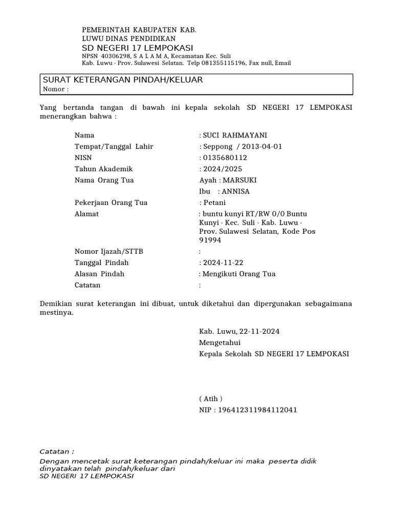 Surat Keterangan Pindah Suci Rahmayani | PDF