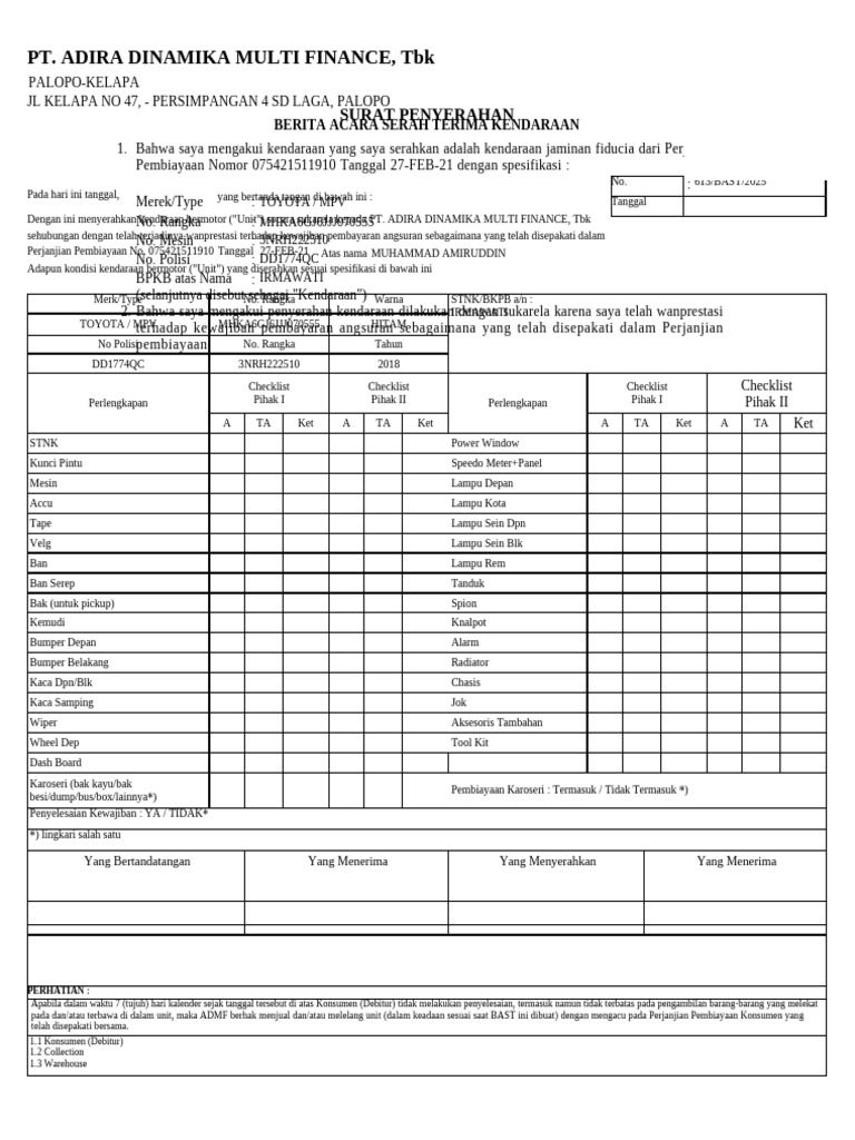 Pt. Adira Dinamika Multi Finance, TBK: Surat Penyerahan | PDF