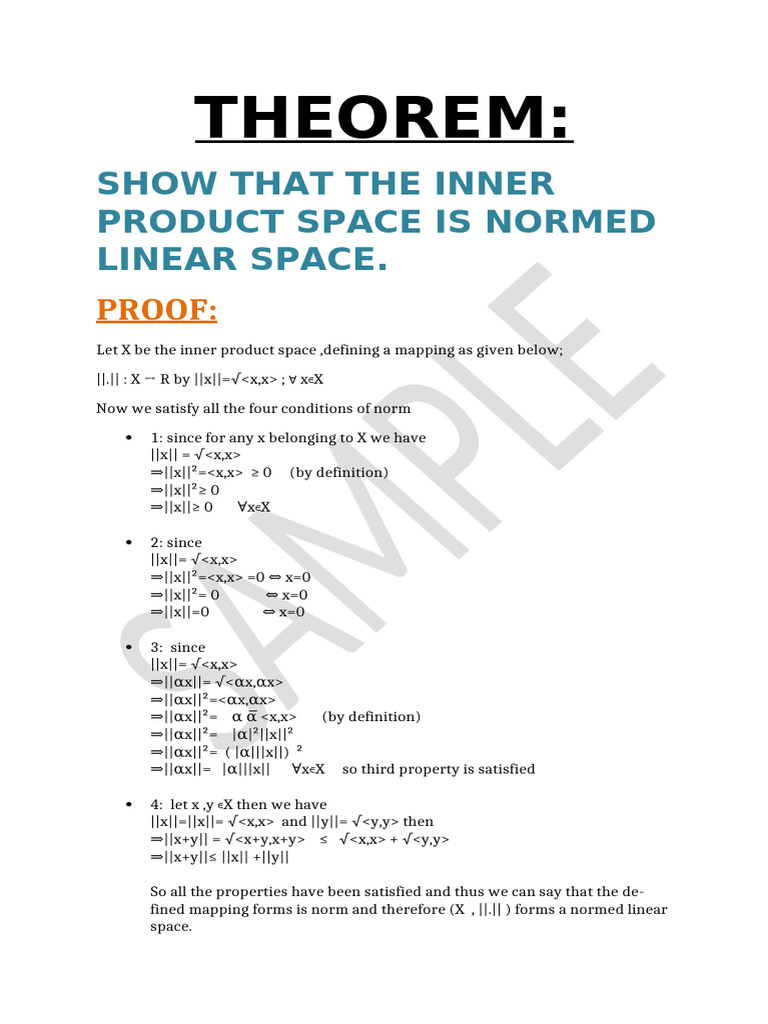 Theorem:: Show That The Inner Product Space Is Normed Linear Space | PDF