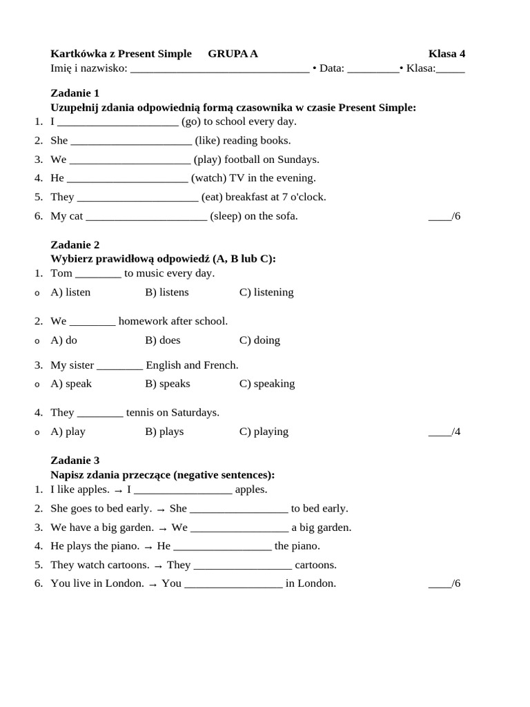 UNIT 7_A_Kartkówka z Present Simple Klasa 4 | PDF