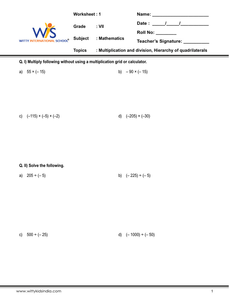 Grade VII Math Worksheet: Multiplication & Quadrilaterals | PDF ...