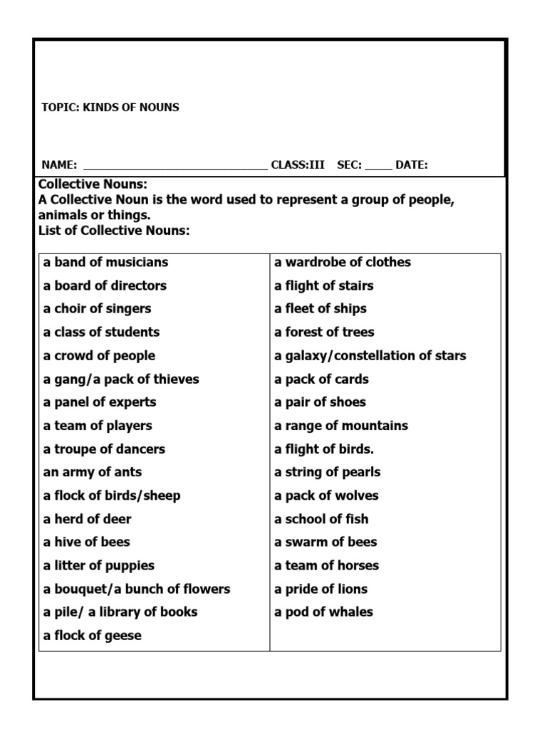 Kinds of Nouns - Worksheets GR 5 | PDF