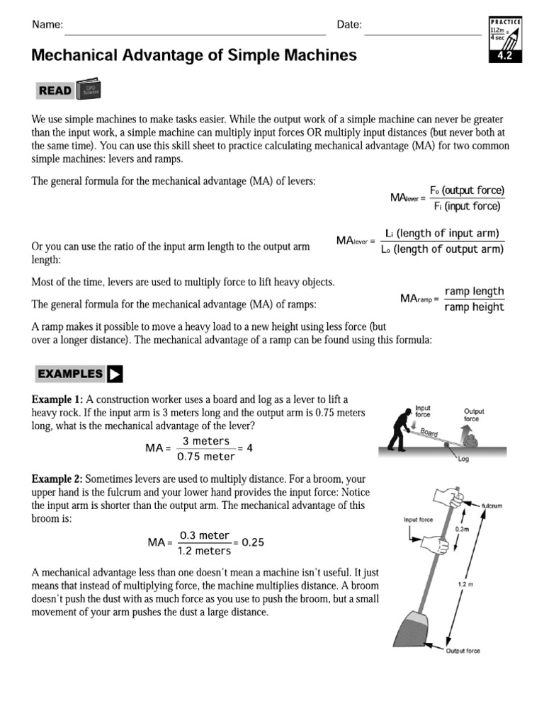 MA of Simple Machines Practice Problems | PDF | Lever | Force