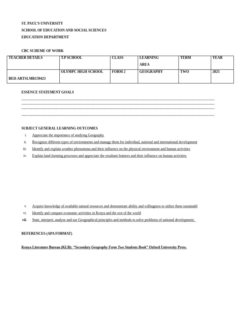 CBC Geography Scheme of Work 2025 | PDF | Earthquakes | Plate Tectonics