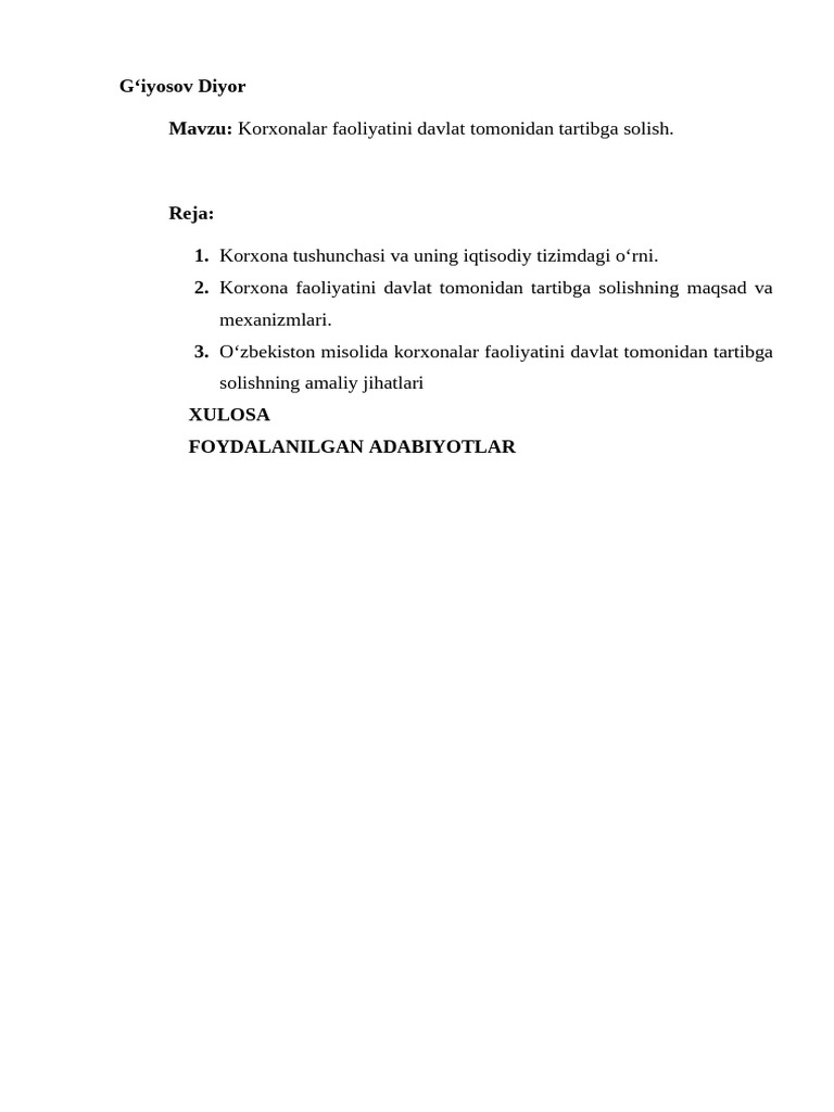 Korxonalar Faoliyatini Davlat Tomonidan Tartibga Solish | PDF