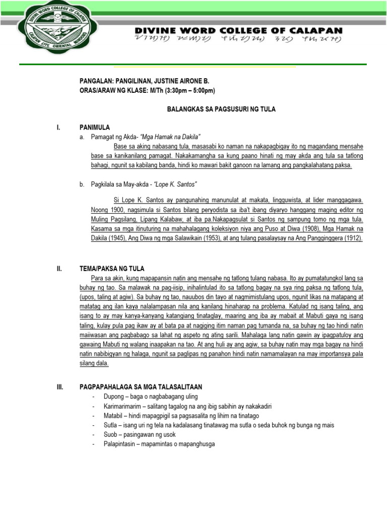 G 13 Pagsusuri NG Tula PANGILINAN JUSTINE AIRONE | PDF