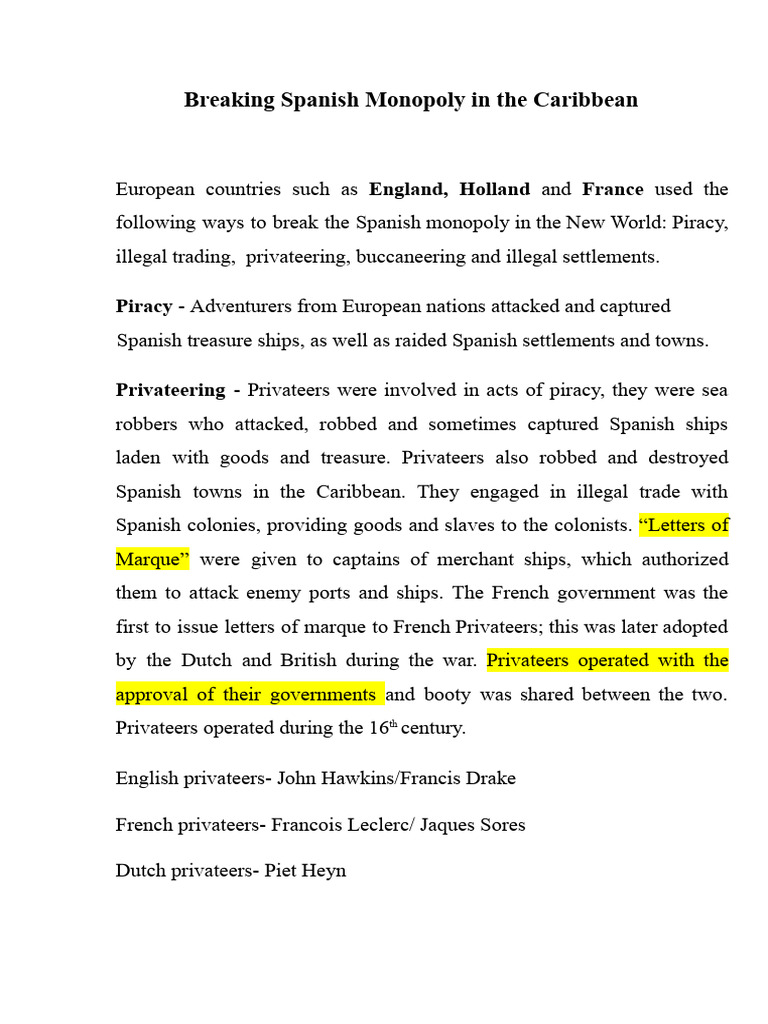 Grade 10 - (Notes) Breaking Spanish Monopoloy | PDF | Privateer ...