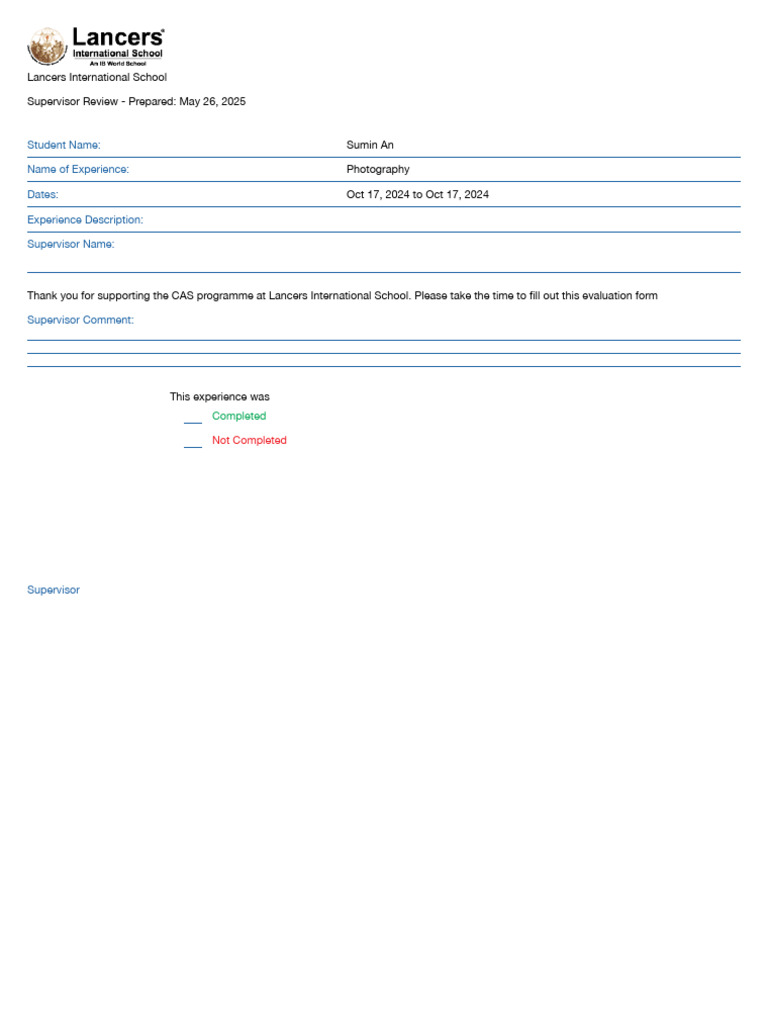 CAS Completion Form - An Sumin - Photography | PDF
