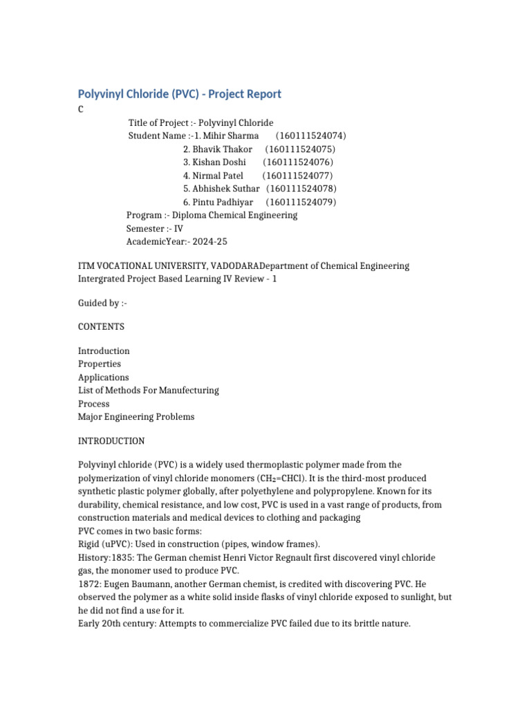 PVC Project Report Cleaned | PDF | Polyvinyl Chloride | Polymerization