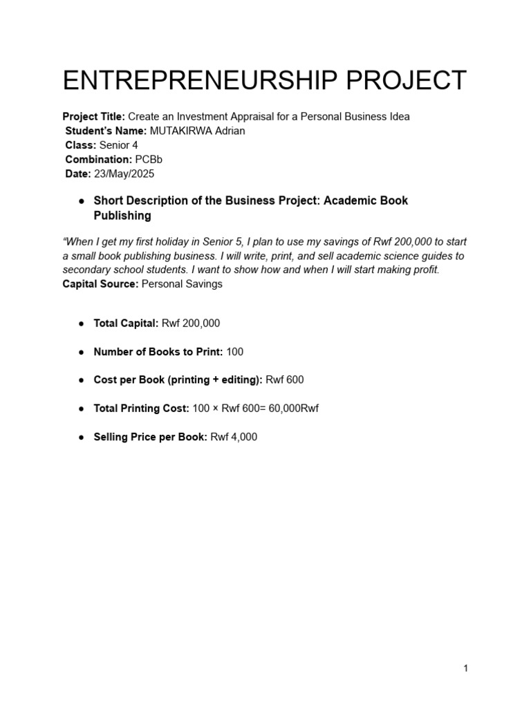 Entrepreneurship Project | PDF | Return On Investment | Economies