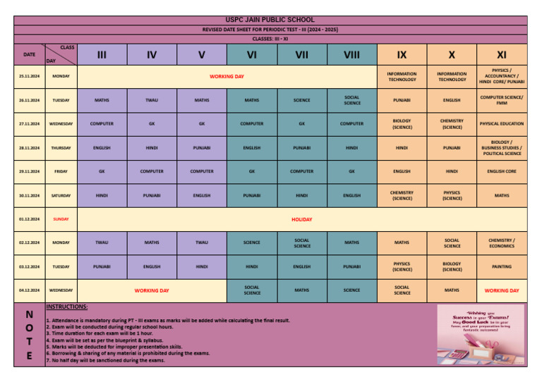 USPC Jain School PT-III Date Sheet 2024 | PDF