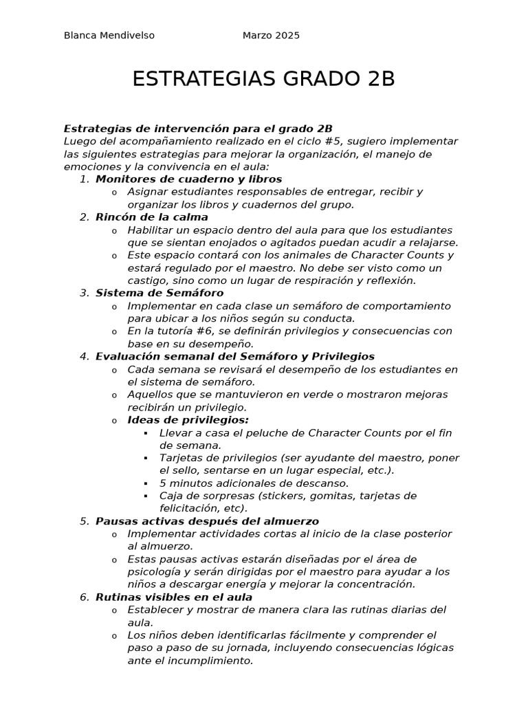 Estrategias Grado 2B | PDF | Salón de clases | Cognición