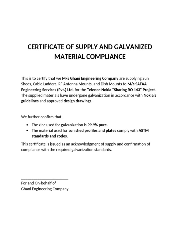 Galvanization Certificate | PDF
