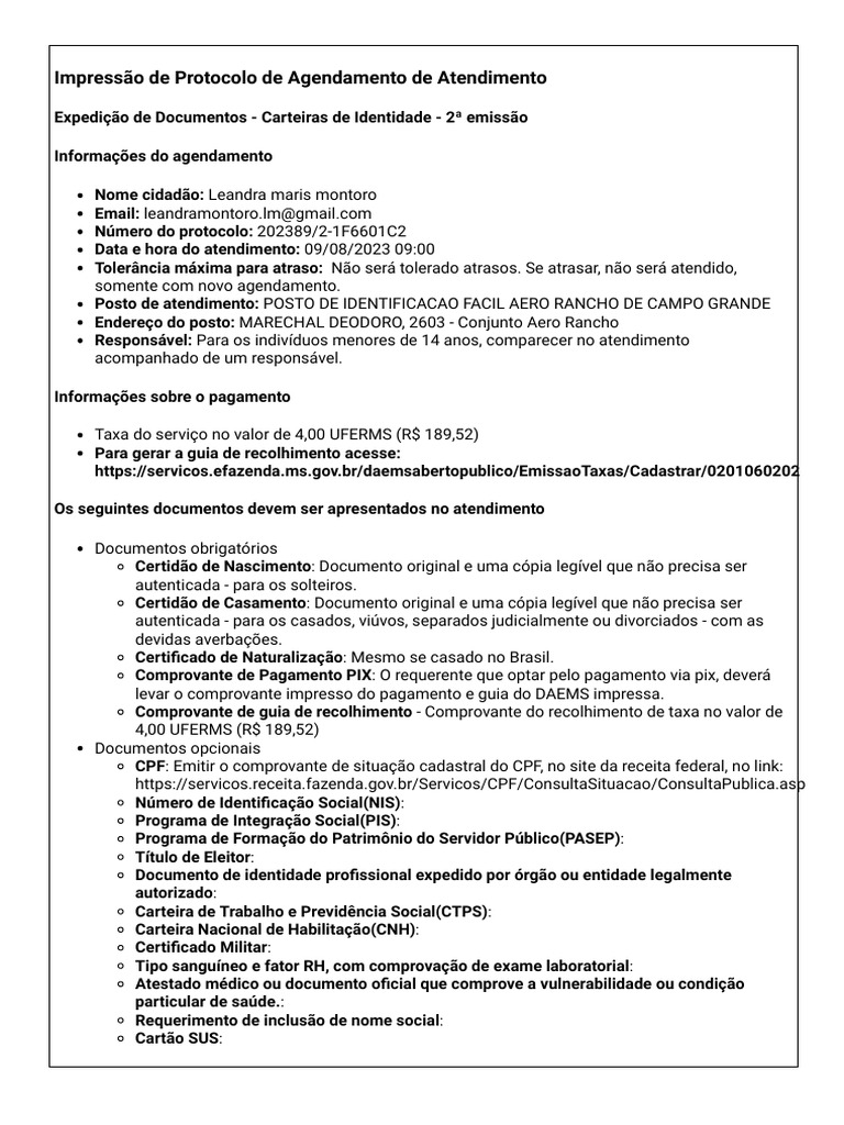 Impressão de Protocolo de Agendamento de Atendimento | PDF | Governo e personalidade