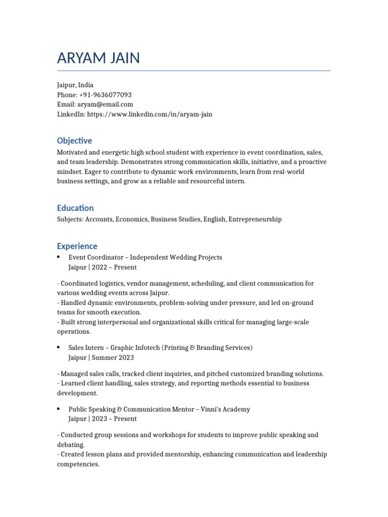 Aryam Jain Resume | PDF