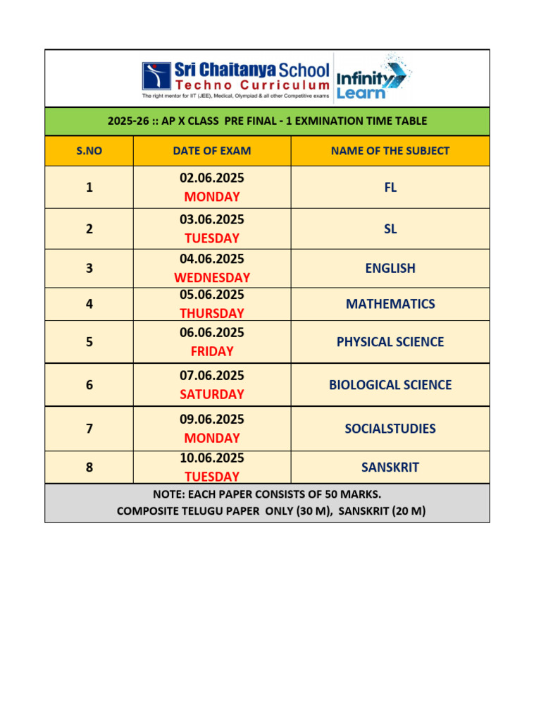 2025-26 Ap X Class Prefinal-1 Examination Time Table | PDF