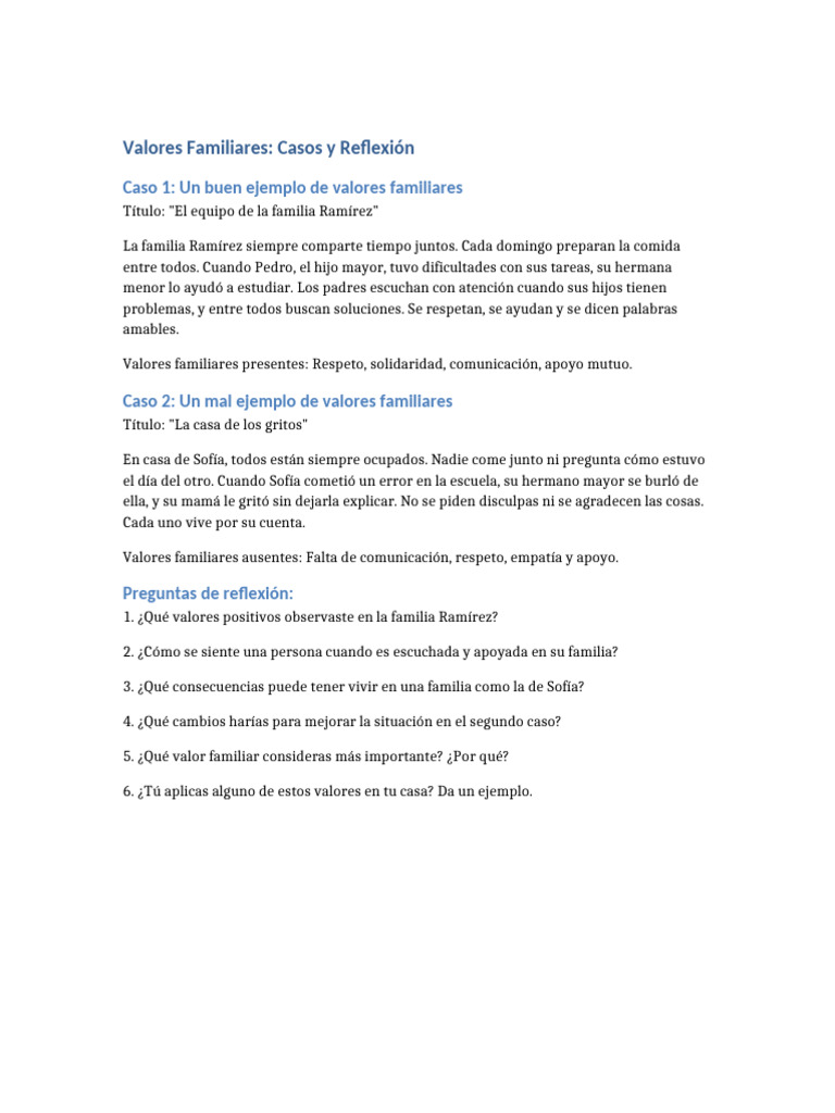 Valores Familiares: Ejemplos y Reflexiones | PDF