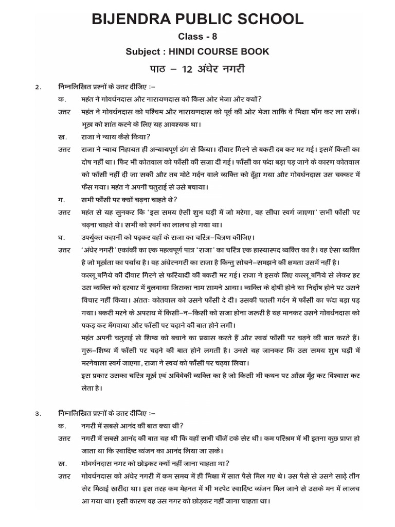 Class 8 Subject Hindi Course Book Chapter 12 Andher Nagri | PDF