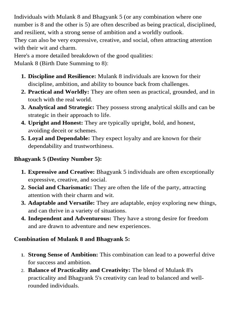 Mulank 8 and Bhagyank 5 Compatibility | PDF