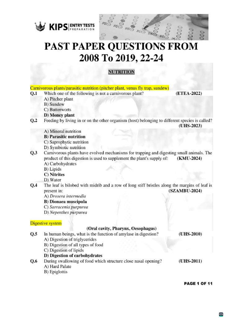 MDCAT All MCQs Topic 9A Life Processes (Nutrition) - TC | PDF