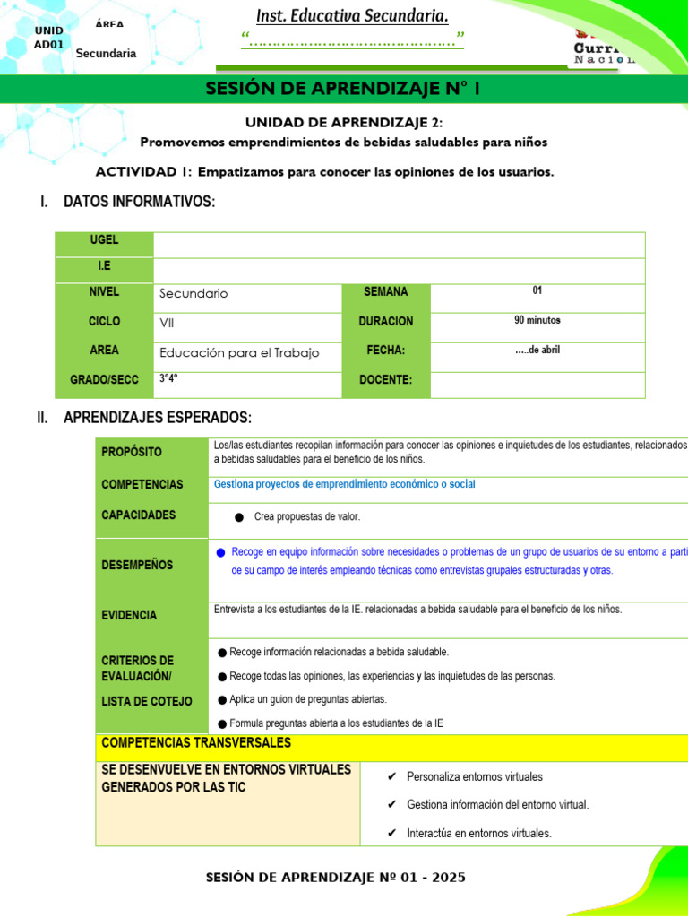 SESIÓN 1 (U2) Ciclo VII (3°4°) - EPT | PDF | Maestros | Aprendizaje