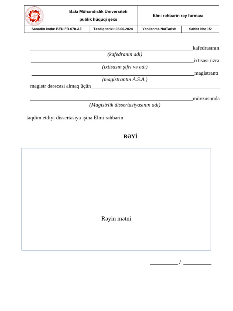 Rəy Forması (Elmi RƏHBƏR) | PDF