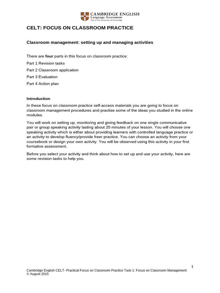 CELT-S Practical Focus On Classroom Practice Task 1 Focus On Classroom Management | PDF ...