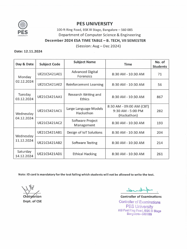 ESA Timetable - 7th Sem - Special Topic | PDF
