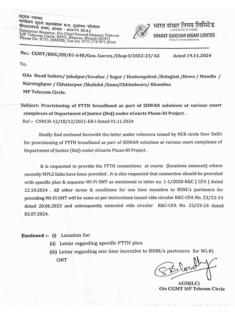 Letter Regarding Provisioning of FTTH Broadband As Part of SDWAN ...