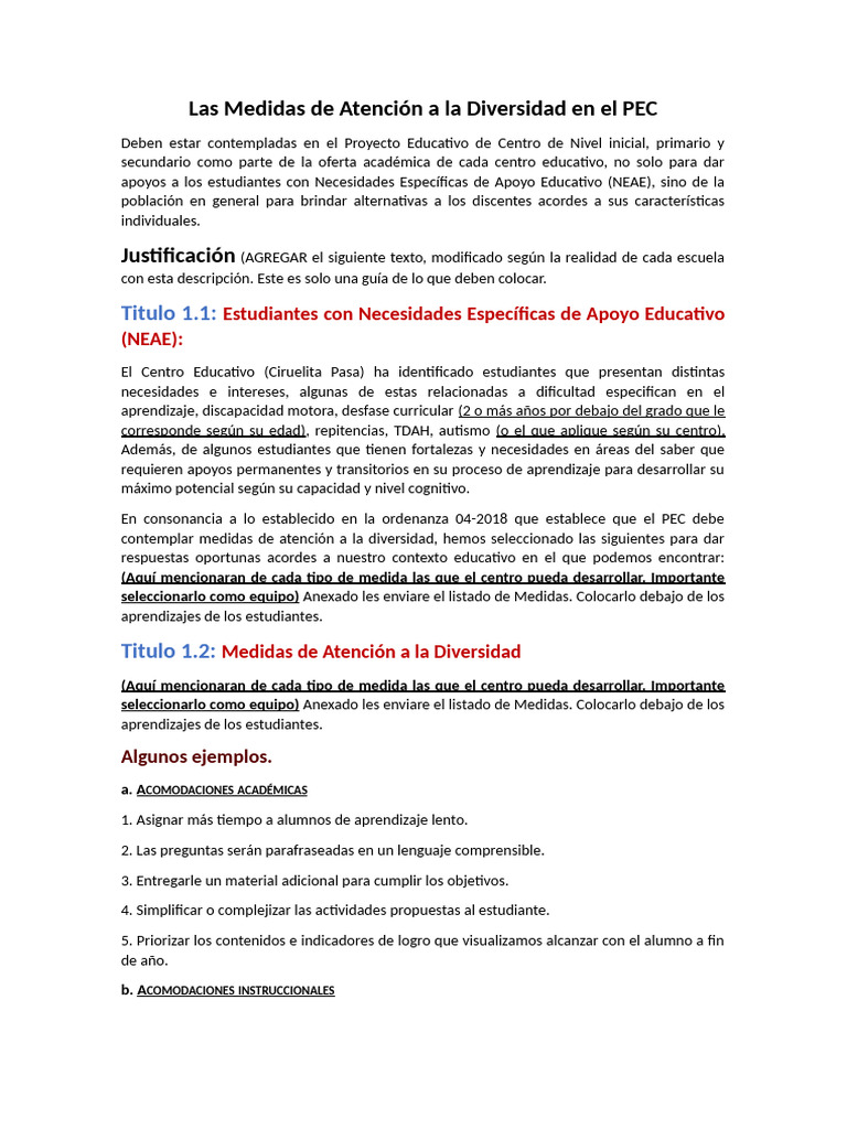 Texto A Colocar en El PEC Sobre Las Medidas de Atención A La Diversidad | PDF | Aprendizaje ...