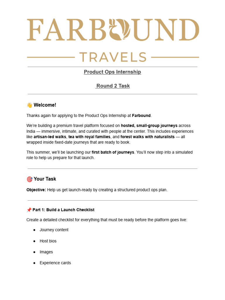 Farbound Travels — Product Ops Internship _ Round 2 Task | PDF