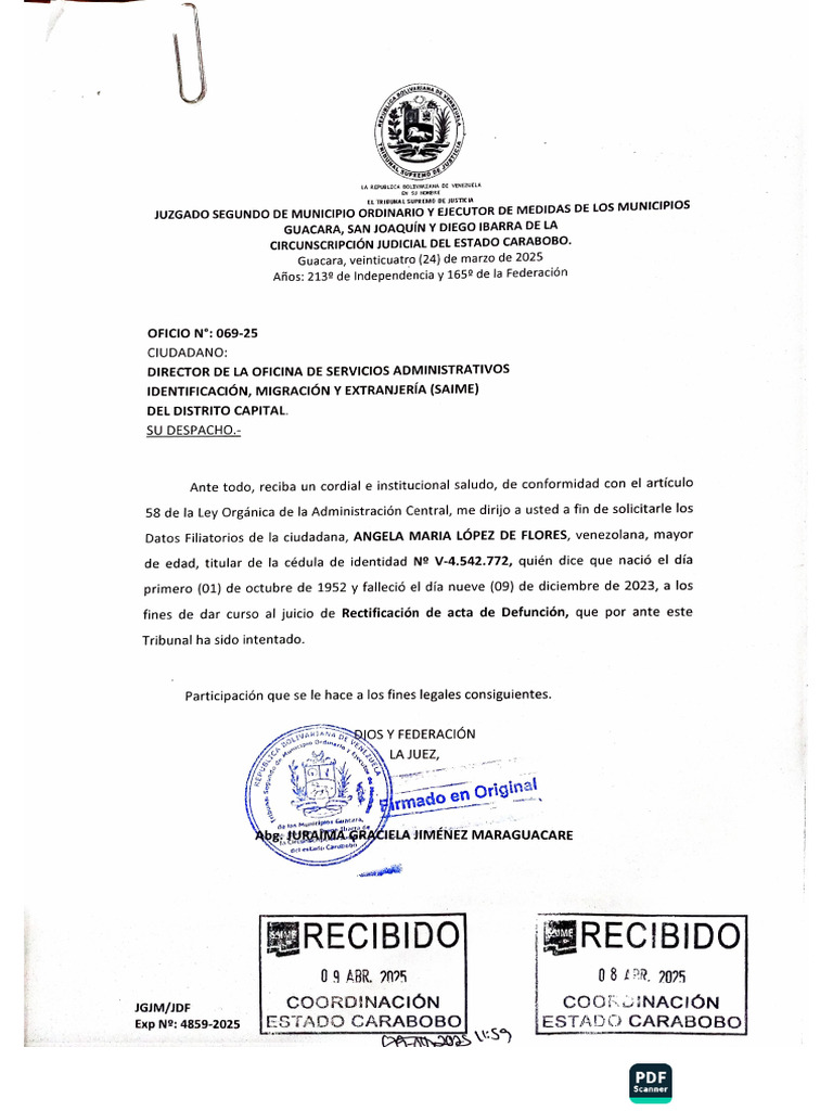 Ofició Ángela Rectificación de Acta de Defunción | PDF