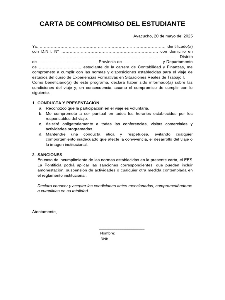 Carta de Compromiso Del Estudiante. | PDF