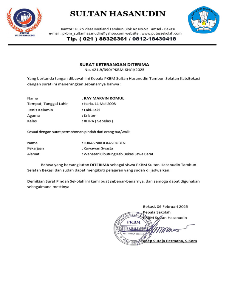 Surat Keterangan Diterima | PDF