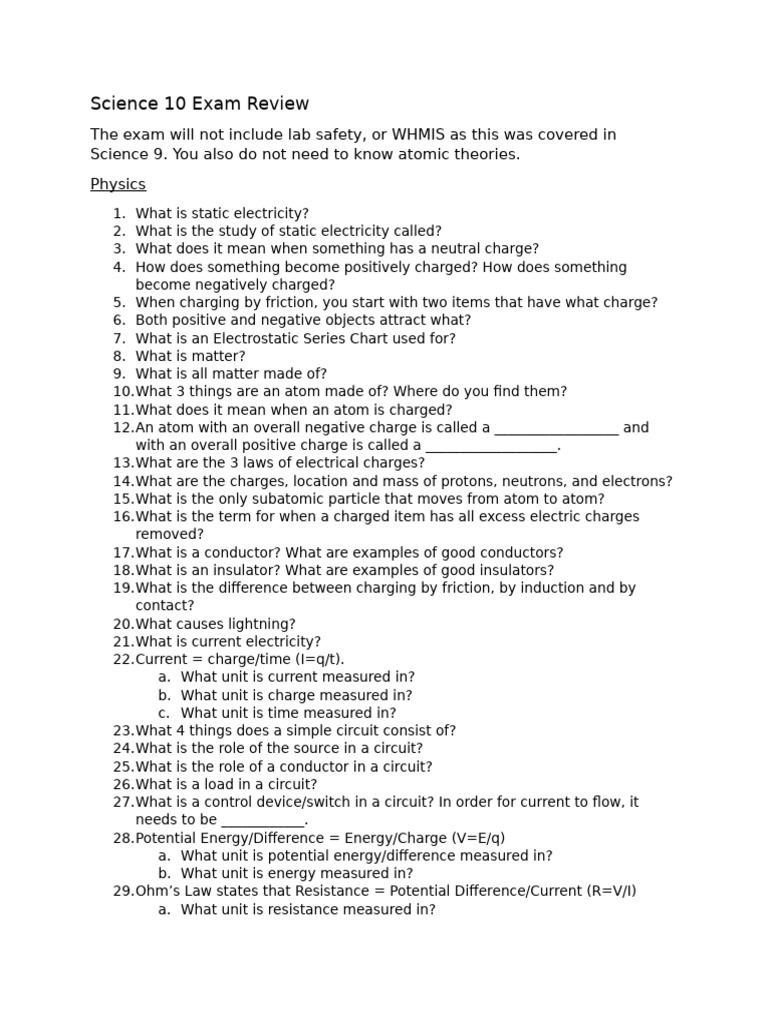 Science 10 Exam Review Guide | PDF | Electric Charge | Chemical Compounds